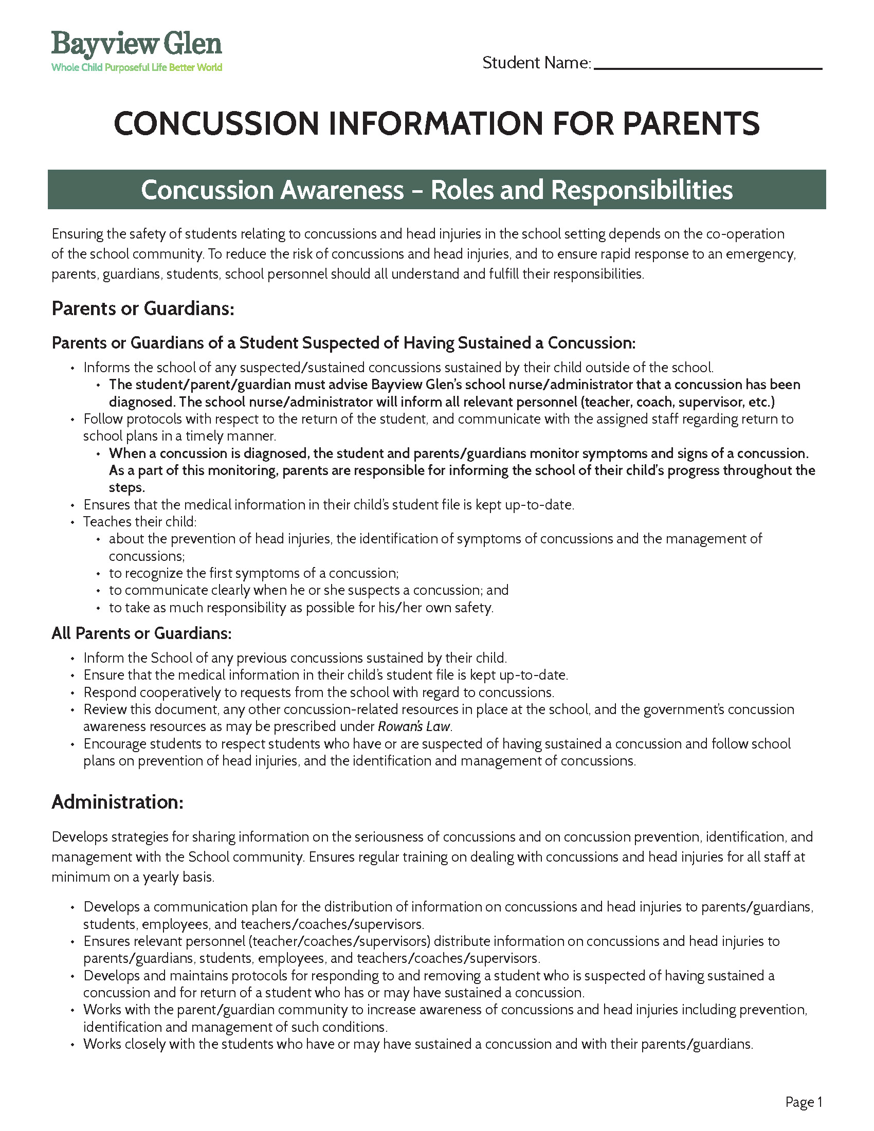 Concussion Information for Parents and Guardians - Bayview Glen